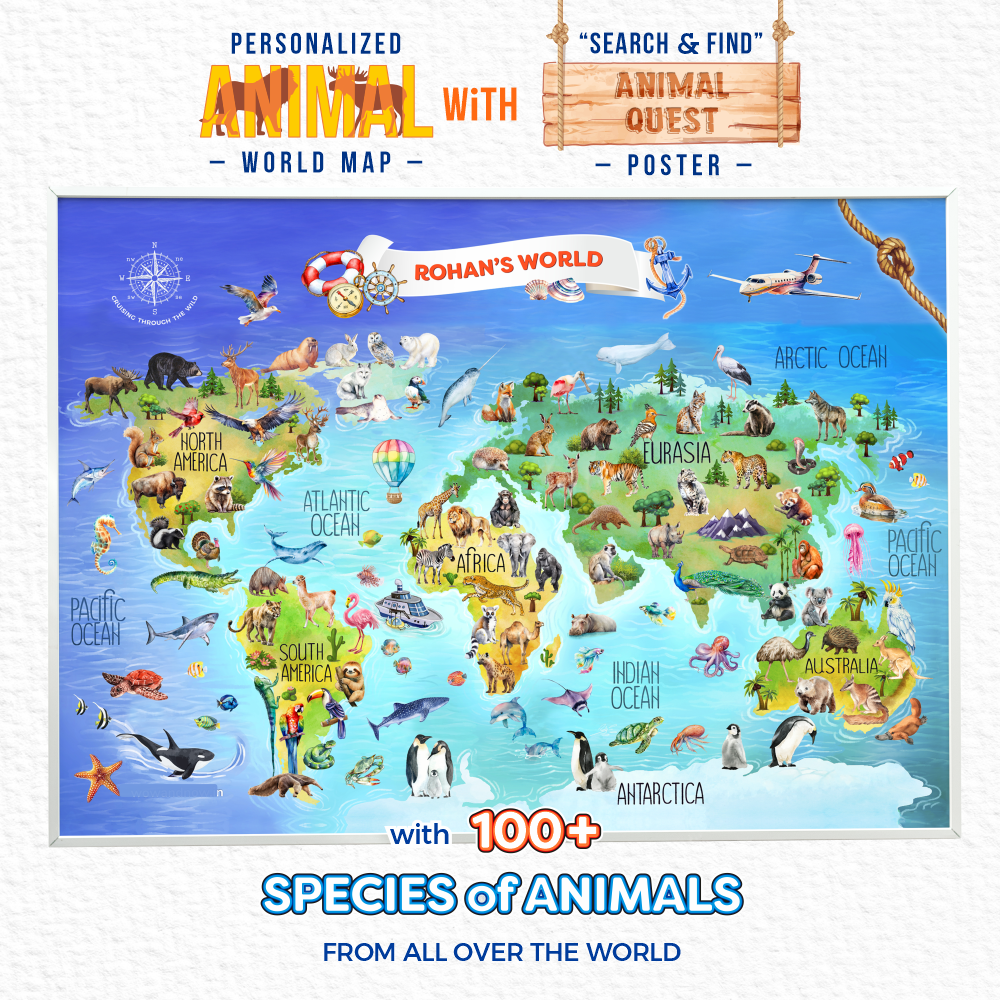 Personalized Animal World Map Wall Art with The Animal Quest Poster ...